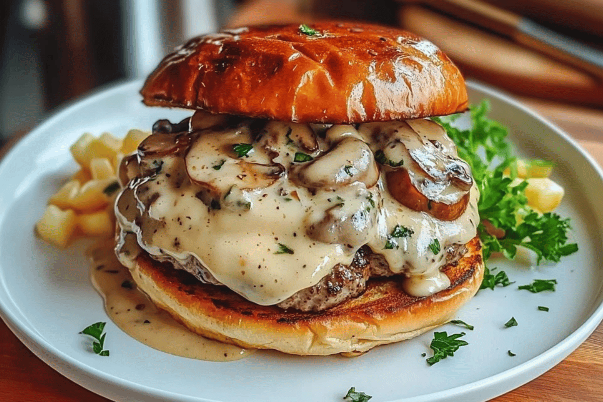 Mushroom Swiss Burger with Creamy Garlic Sauce