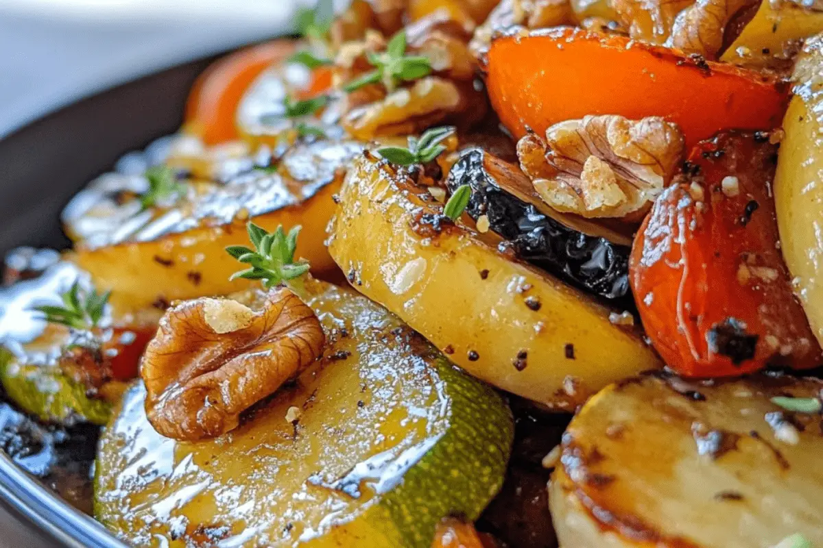 ONE-PAN FALL VEGGIE BAKE WITH MAPLE MUSTARD GLAZE & CRUNCHY WALNUTS