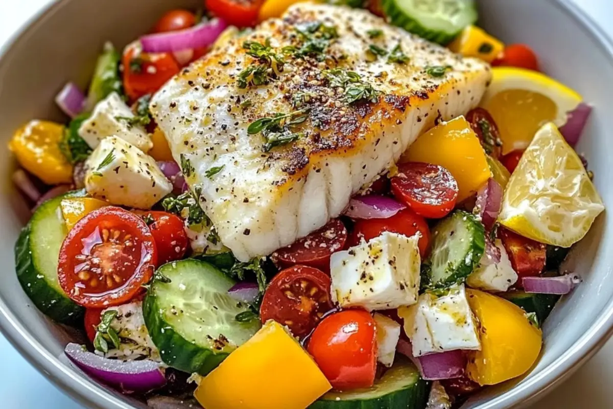 Mediterranean Cod Bowl with Greek Salad & Lemon
