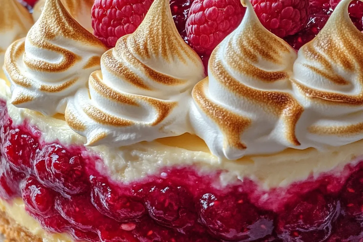 Heavenly Lemon Raspberry Meringue Cheesecake delights taste buds!