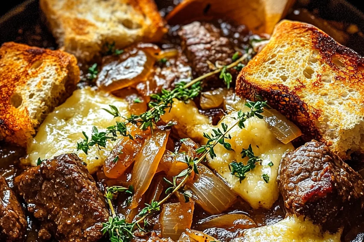 Golden Onion Beef & Toasted Cheese Stew Bowl: Unforgettable Flavor!