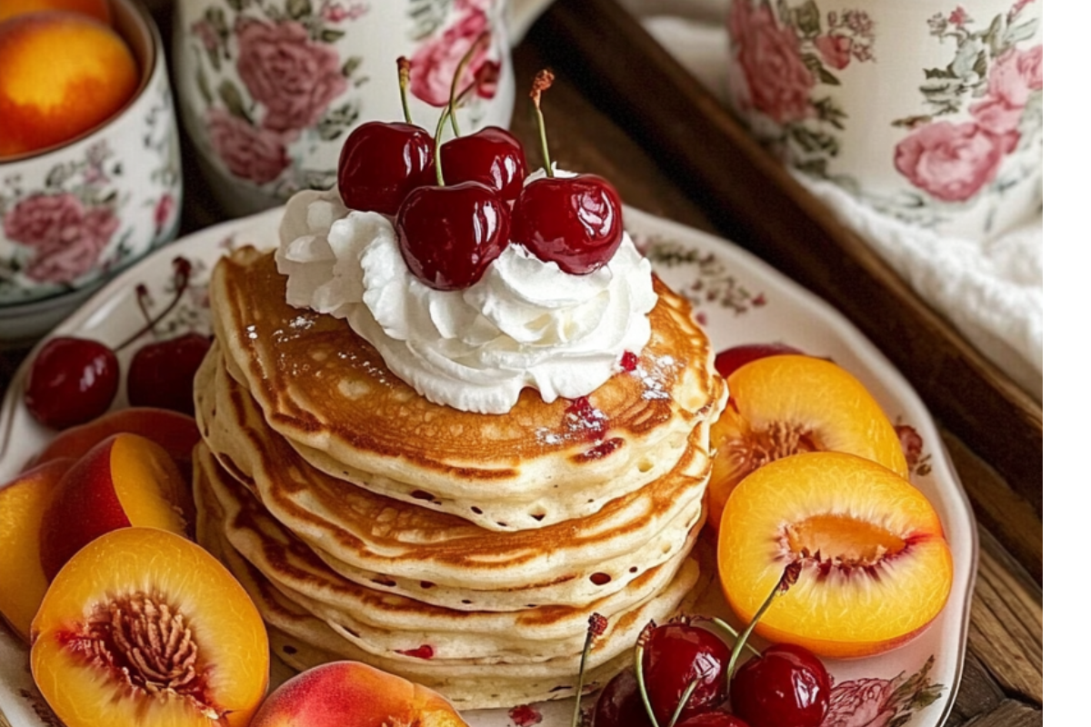 FLUFFY CHERRY PANCAKES WITH FRESH PEACHES that Wow!