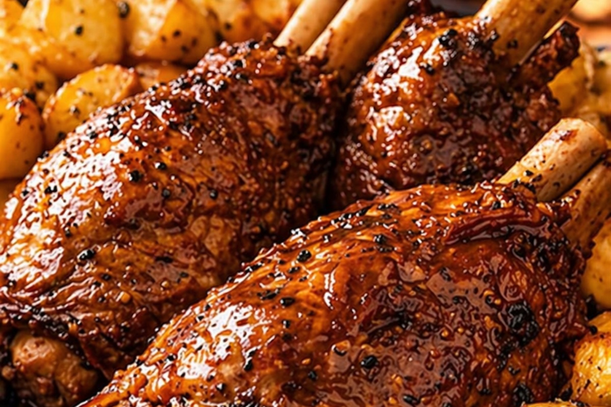 Sticky garlic glazed lamb shanks with roasted potatoes delight your ...